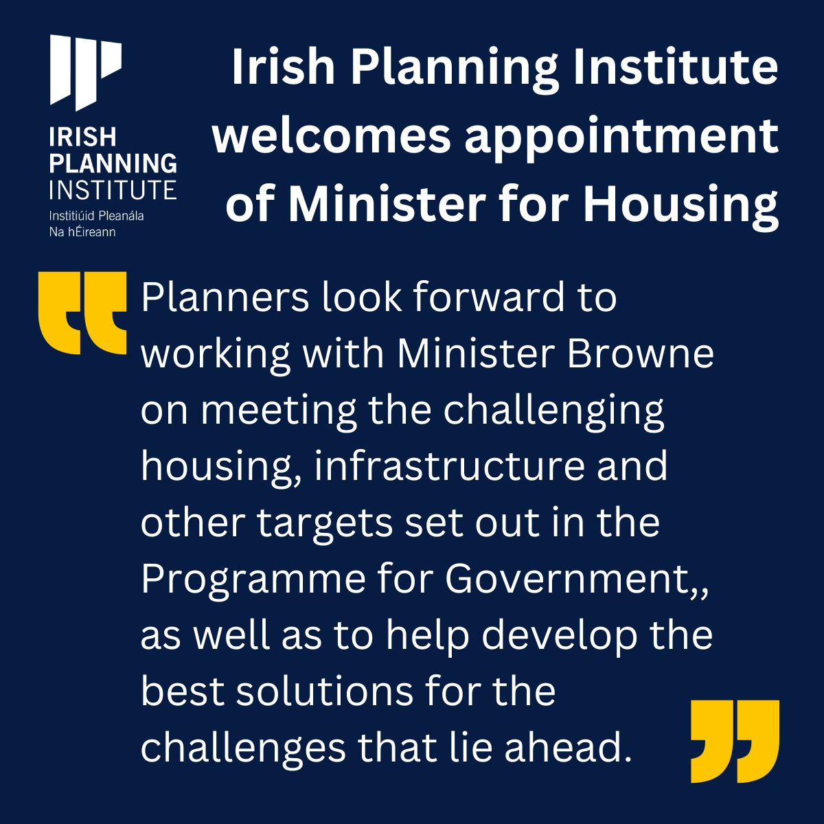 Irish Planning Institute welcomes appointment of Minister for Housing ...